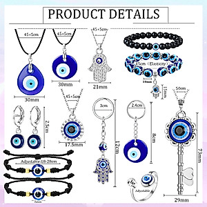YADOCA 12/15Pcs Evil Eye Necklace for Women Men Bracelets Earring Ring Keychain Hamsa Hand Pendant Turkish Protection Jewelry Set with 50Pcs Evil Eye Stickers