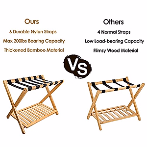 Purbambo Luggage Rack for Guest Room, Suitcase Stand with Storage Shelf, Bamboo Frame, 6 Nylon Straps, Foldable for Easy Storage