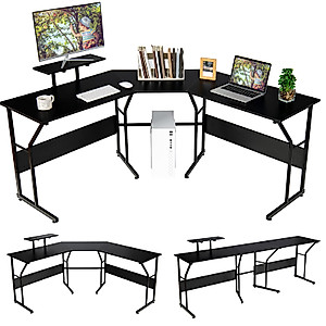 Tangkula L-Shaped Reversible Computer Desk, 2 Person Long Computer Workstation w/Movable Monitor Stand, Large Home Office Corner Desk for Working Writing Gaming (Natural)