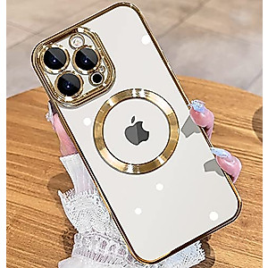 JUESHITUO Magnetic Glossy Clear for iPhone 12 Pro Max Case with Full Camera Cover Protection [No.1 Strong N52 Magnets] [Military Grade Drop Protection] for Women Girls Magsafe Case (6.7")-Gold