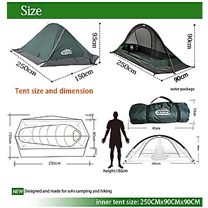 camppal 1 Person Tent Backpacking Camping Hiking Mountain Hunting Tent Lightweight and Waterproof for 4 Season Extreme Space Saving Single Bracket (Green-with skirt)