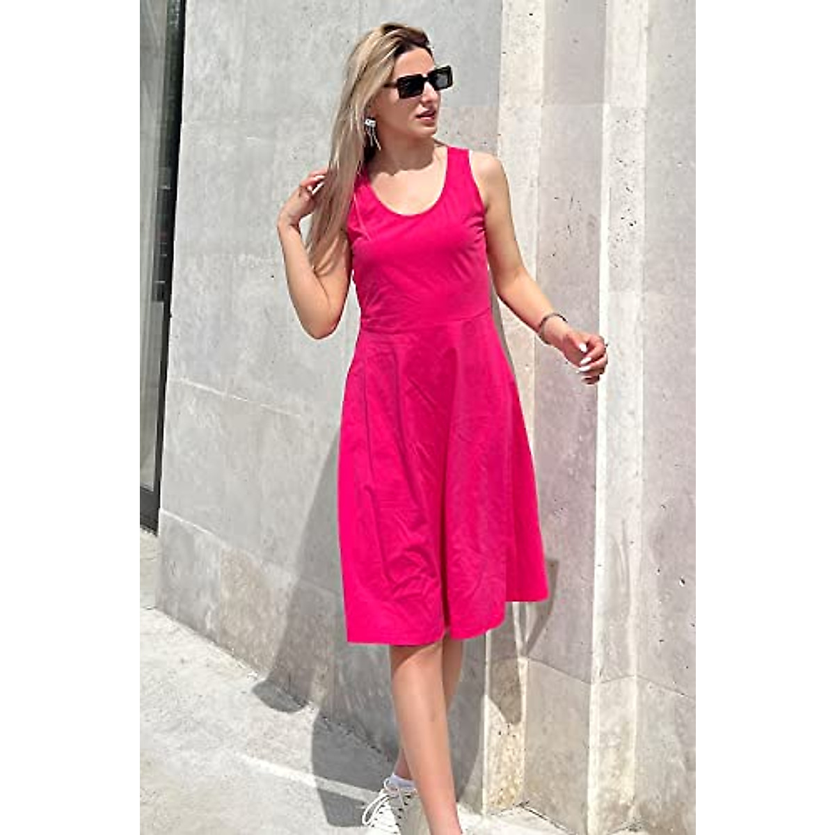 STYLEWORD Women's 2023 Summer Hot Pink Casual Beach Cotton Sundress Fit and Flare Midi Skater Barbie Halloween Dress(Rose,S)