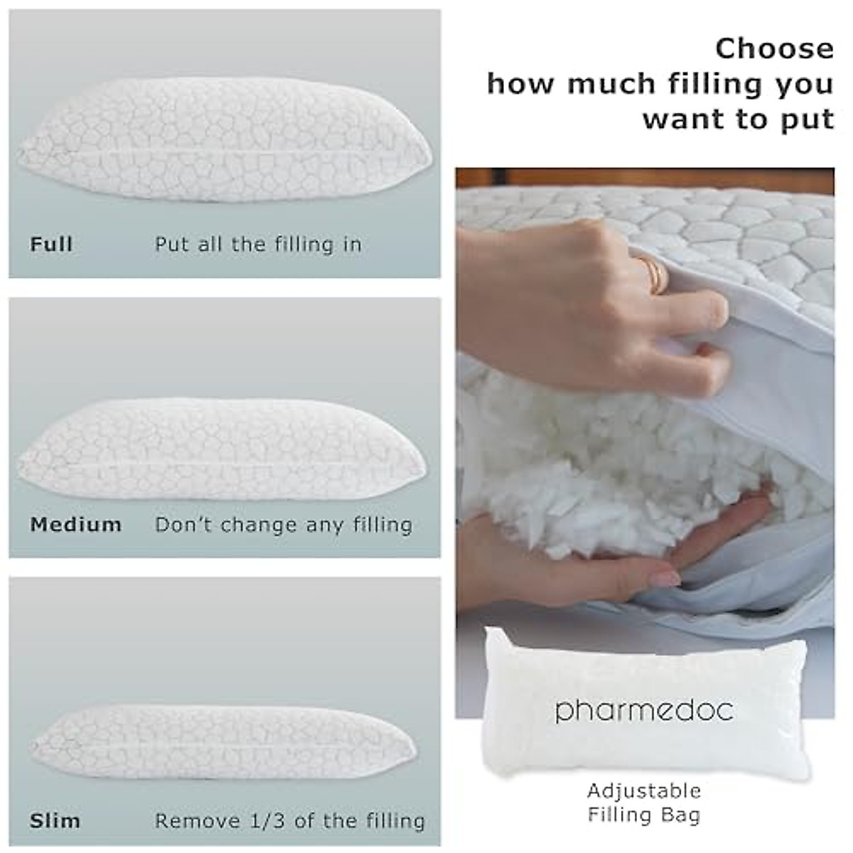 Pharmedoc Adjustable Shredded Memory Foam Curved Pillow - Side Sleeper - Deep Center - Neck Pillow for Pain Relief (Queen Bed Pillow 2 Pack)