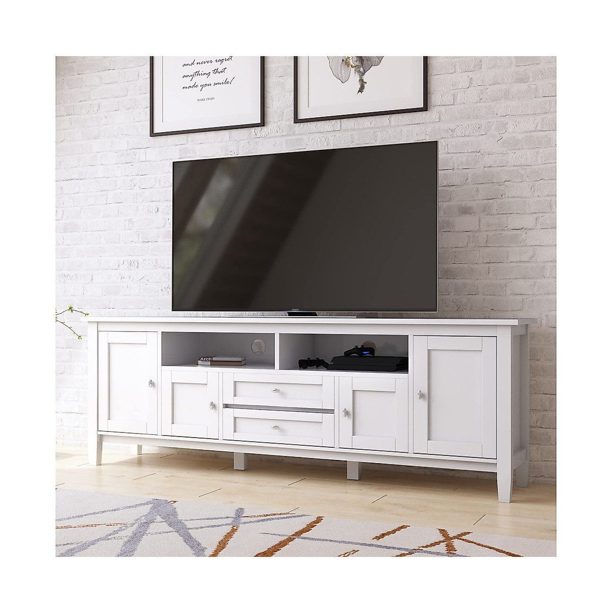 SIMPLIHOME Warm Shaker SOLID WOOD Universal TV Media Stand, 72 inch Wide, Farmhouse Rustic, Living Room Entertainment Center, Storage Shelves and Cabinets, for Flat Screen TVs up to 80 inches in White