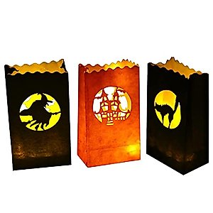 Stmarry 48 pcs Halloween Luminary Bags, Flame Resistant Luminaries, Orange and Black Tea Light Candle Bags - Witch, Black Cat Silhouette Decorations & Party Lanterns