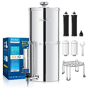 IceJoy 8-Stage Gravity Water Filtration System 3.0 Gallon - 304 Stainless Steel Countertop System with 4 Filters and Stand, Reduce 99.9% Chlorine, NSF/ANSI 42 Certification