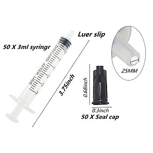 50 Pack 3ML Plastic Syringe Luer Slip with Cap, Great for Measuring, Refilling Watering and Pets Feeding, Not-Sterile (3ML)