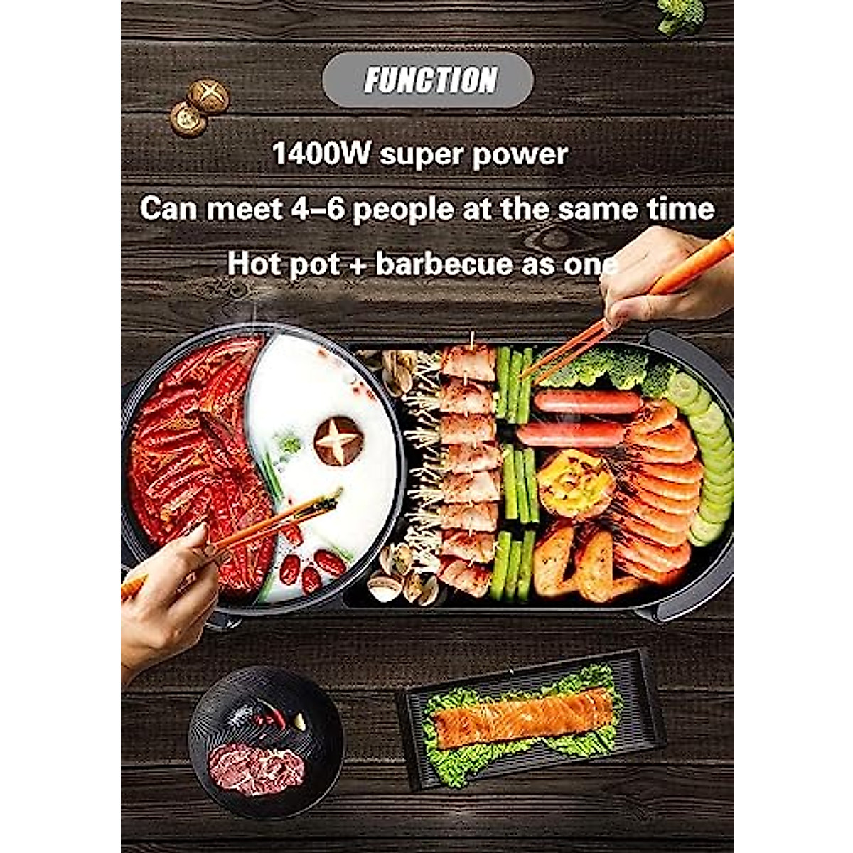 Electric 2 in 1 Grill with Shabu Shabu Hot Pot. Multifunctional Indoor Teppanyaki Korean BBQ Capacity for 2-10 People