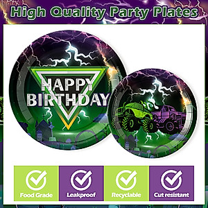 G1ngtar 96Pcs Monster Truck Party Plates Supplies Happy Birthday Green Purple Monster Truck Party Tableware Decorations Disposable Paper Plates Napkins Forks for Kids Birthday Baby Shower, Serves 24