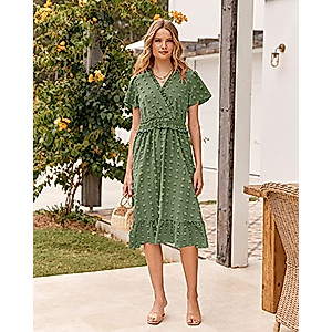 BTFBM Elegant Short Sleeve V Neck Swiss Dot Midi Summer Dresses for Women 2023 Boho Ruffle Long Dresses Ruffle Cocktail Dress（Solid Green,X-Large