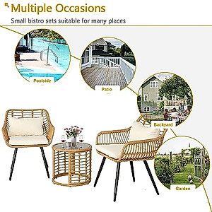 HTTH Outdoor Furniture Bistro Set Patio Conversation Bistro Set Outdoor Woven Rope Table Set Tan Wicker Chat Set with Cushions Patio Furniture Sets for Balcony Garde (S-Beige)