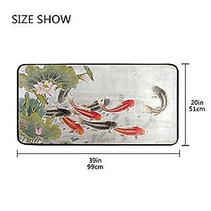 ALAZA Asian Lotus and Carp Fish Area Rug 39 x 20 Inch, Non-Slip Floor Mat Washable Runner Rug for Kitchen Hallway Entryway Living Room Bedroom Dorm Home Decor