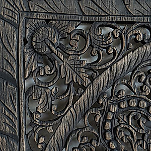 Black Wash Single Bed Headboard, Hand Carved Reclaim Teak Wooden Panels, Wood on Wall Art Hanging, Handmade in Thailand, 36 inches