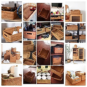 FUNFOB Household Square Woven Storage Basket with Four Cutout Handles Natural Rattan Storage Box for Serving Toy, clothing, books, daily necessities, sundries.
