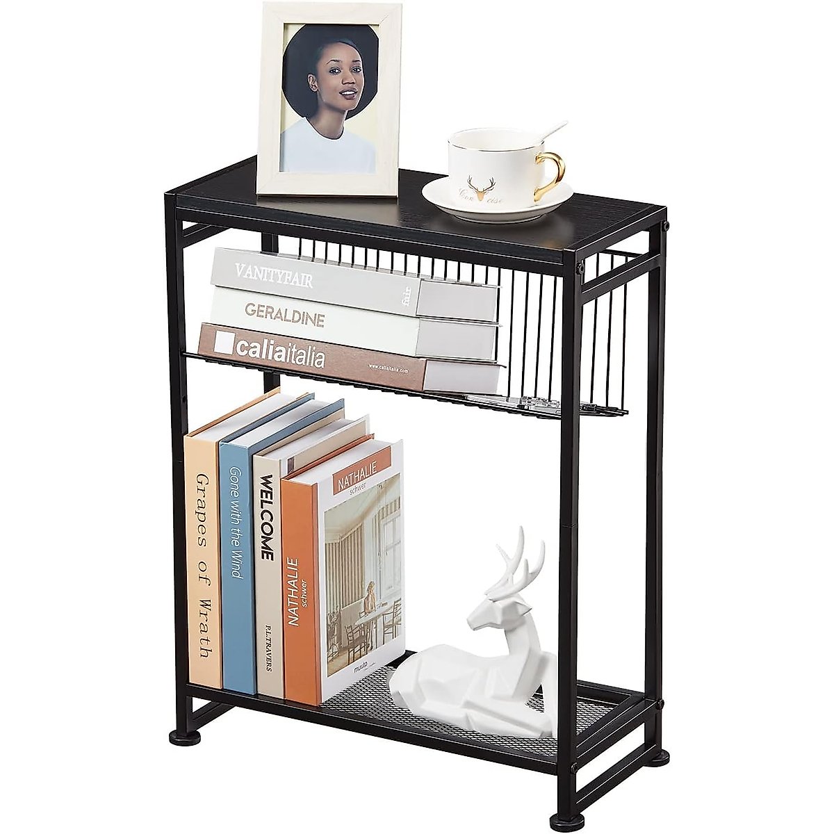 Slim End Table with Magazine Holder - 2 in 1 Design for Small Spaces - Black
