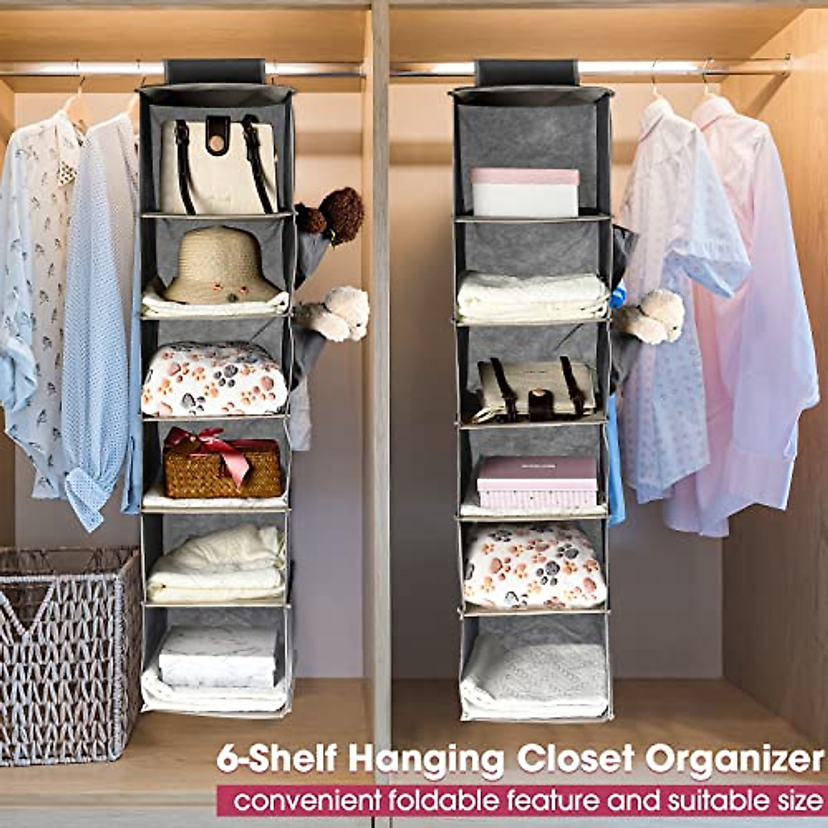 3 Pack Hanging Closet Organizers and Storage, 6 Shelf Hanging Clothing Shelves Collapsible Clothes Closet Organizer Storage Fabric Shelves with Side Pockets