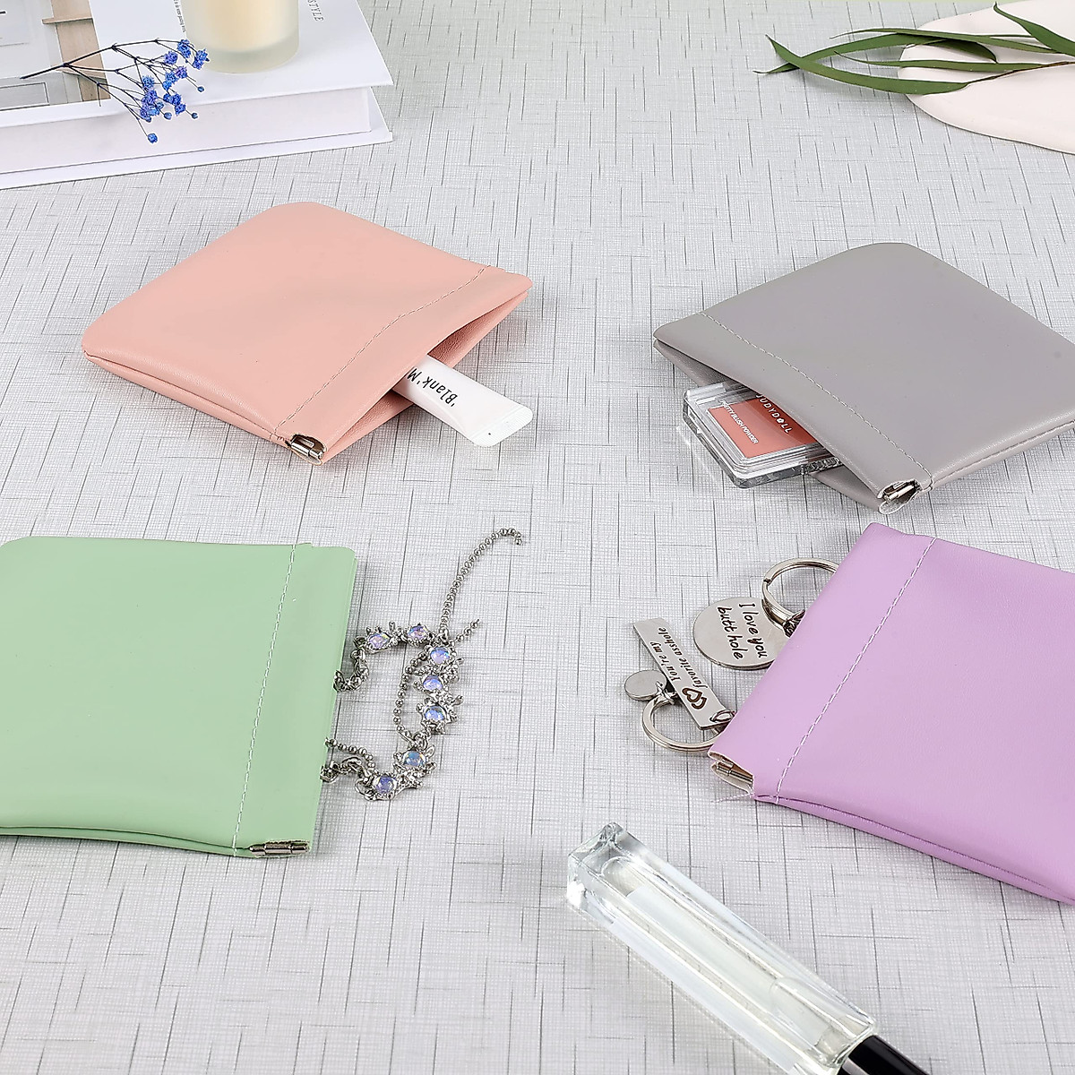 6Pcs Small Makeup Bag for Purse Pouchic Lambskin Pocket Cosmetic Bag Squeeze Top Waterproof Travel Makeup Bag No Zipper Portable Mini Makeup Pouch Self-Closing Colorful Pouch for Women Girls