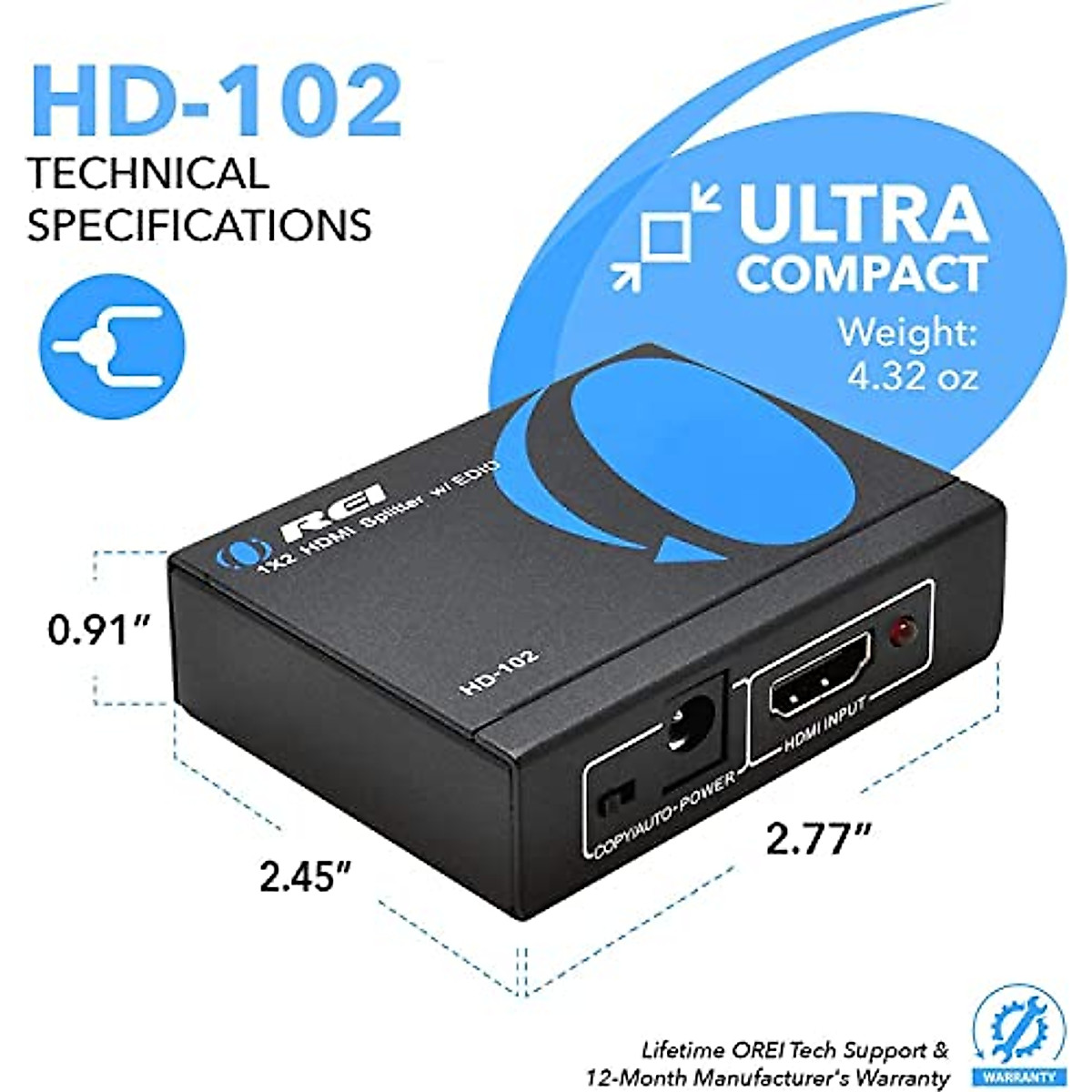 OREI HDMI Splitter 1 in 2 Out - 1x2 HDMI Display Duplicate/Mirror - Powered Splitter Full HD 1080P, 4K @ 30Hz (One Input To Two Outputs) - USB Cable Included - 1 Source to 2 Identical Displays