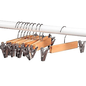 10 PACK Wooden Skirt Hangers with Clips - Smooth Finish Solid Wood Pants Hangers with clips - Natural Wood Color - Clip Hanger for Pant, Skirts, Slacks
