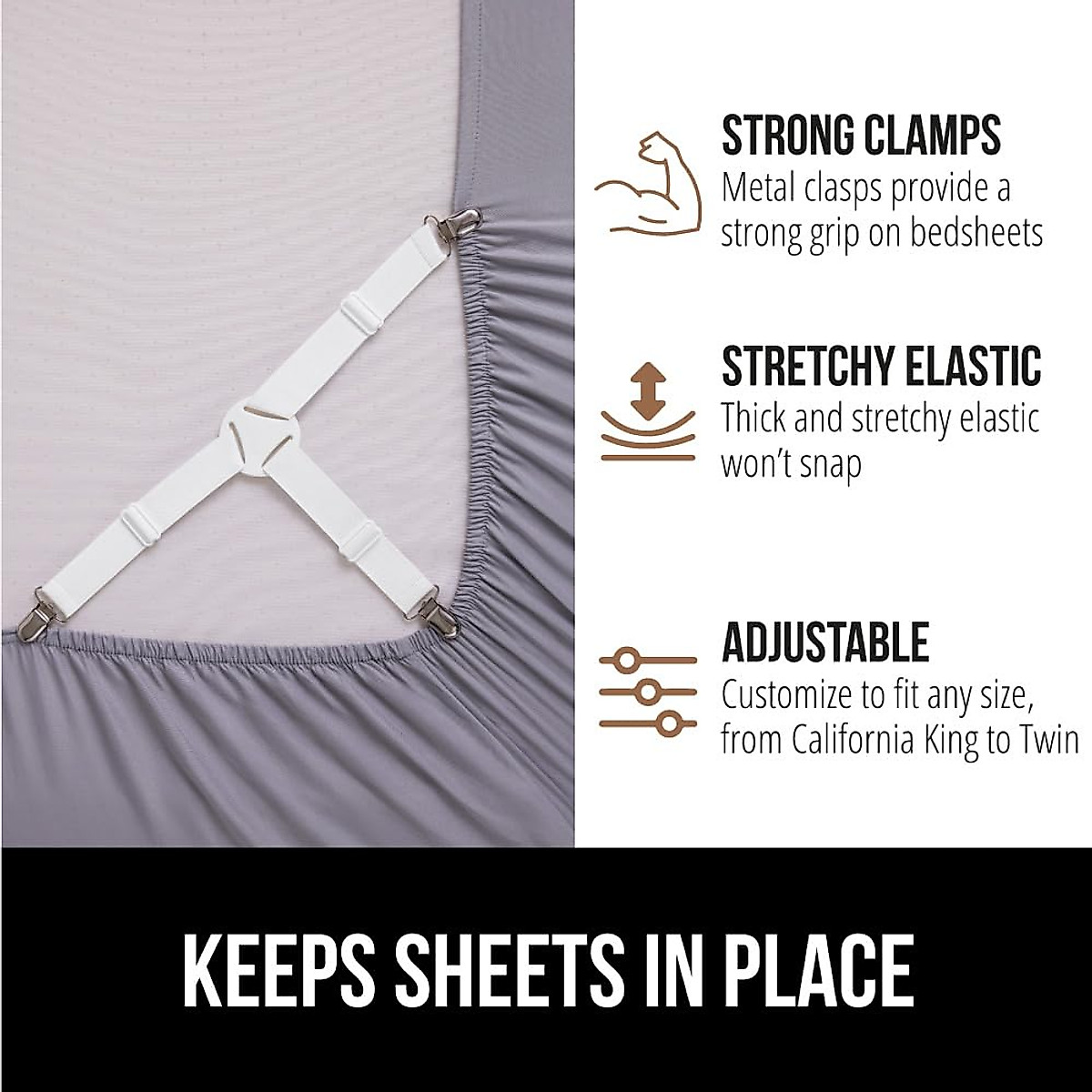 Gorilla Grip Breathable Mesh Large 24 Pocket Shoe Organizer and Nonslip Bed Sheet Straps 4 Pack, Holds Up To 40 Pounds Gray, Over Door, Sheet Straps in White, Easy Install, 2 Item Bundle