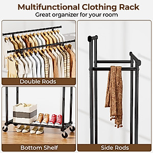 HYSEYY Double Rods Clothes Rack, Sturdy Rolling Clothing Rack, Portable Clothing Racks for Hanging Clothes - Metal Garment Rack Wardrobe Coat Rack for Bedroom Laundry Living Room, Black