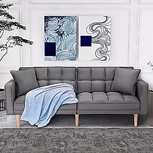 SoarFlash Modern Upholstered Convertible Futon Sofa Bed, Mid-Century Fabric Multi-Function Loveseat Sofa Twith 3 Adjustable Backrests and 5 Solid Wooden Legs (Deep Grey)