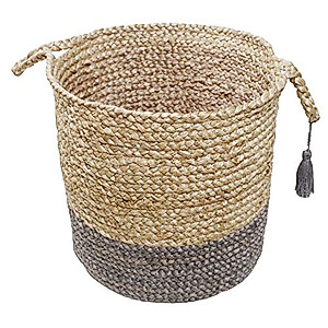 LR Home Two-Tone Natural Jute Woven Decorative Storage Handles Baskets, 17" x 17" x 17", Tan/Gray