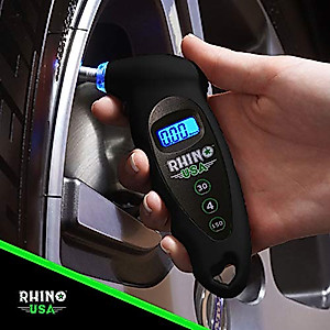 Rhino USA Digital Tire Pressure Gauge 150 PSI, 4 Ranges, Ergonomic Design w/Lighted Nozzle & LCD Backlit Display - Certified Accurate Readings, Best Digital Gage (Black)
