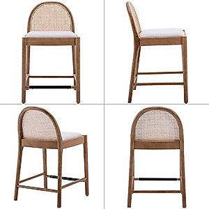 LukeAlon Modern Linen Counter Stools Set of 4, 26" Seat Height Low Bar Stools with Wooden Legs Natural Rattan Cane Back Counter Height Bar Chairs with Footrest for Home Pub Kitchen, Beige