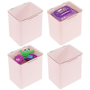 mDesign Plastic Stackable Box Household Storage Container with Attached Hinged Lid - Organizer for Entryway, Mudroom, Closet, Kitchen, Bathroom, Garage Kid's Room, Craft, 4 Pack - Light Pink/Clear