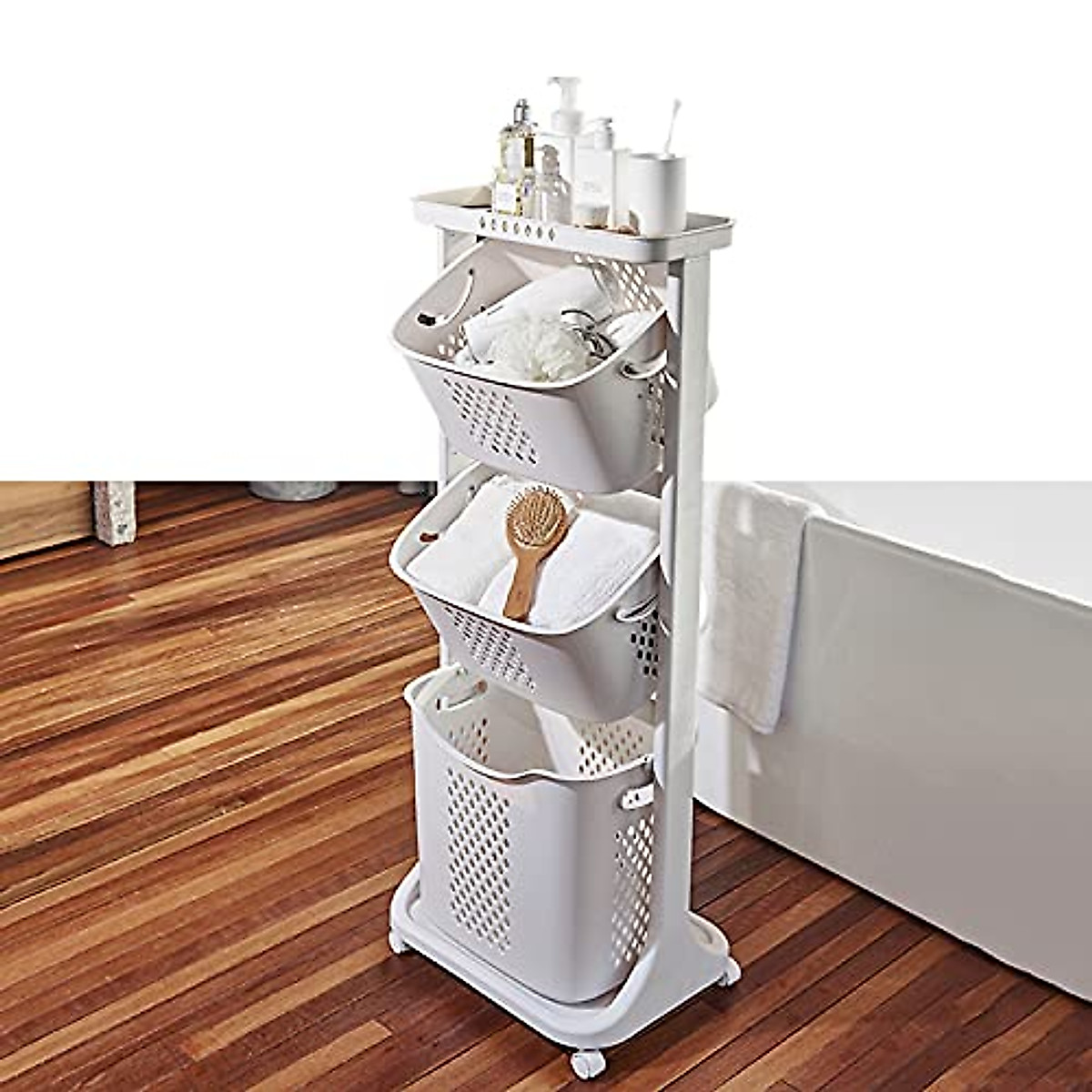 3 Tier Laundry Rack with Basket, Freestand Laundry Hamper Basket Sorter with Wheels,Clothes Storage Organizer Shelf Rolling Cart for Bathroom/Kitchen