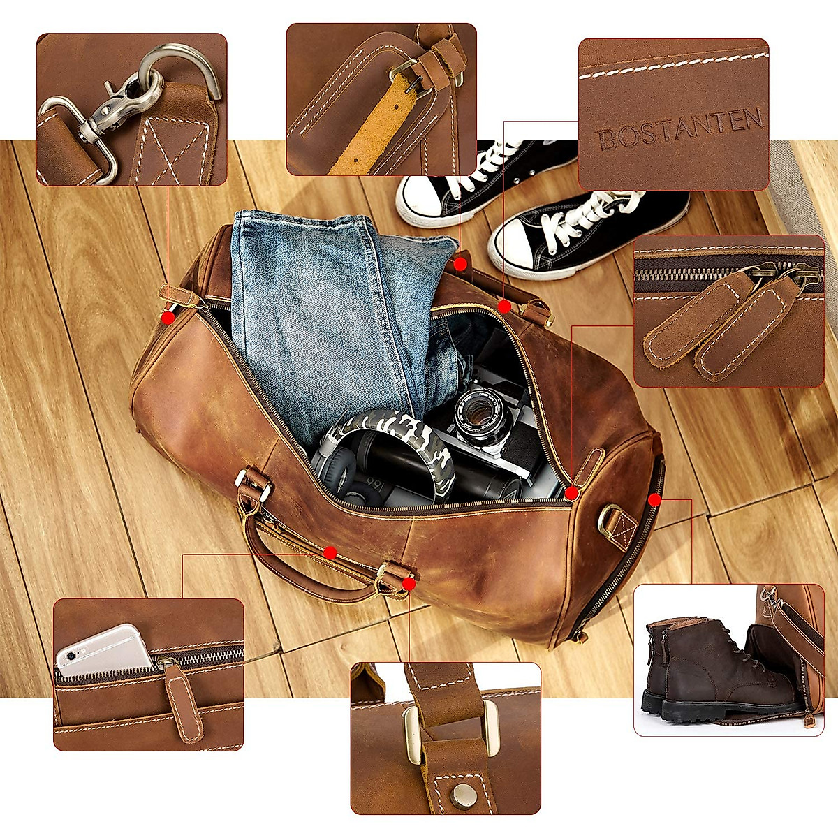 BOSTANTEN Duffle Bags for Men Genuine Leather Travel Bag and Leather Backpack 15.6 inch laptop Backpack Travel College Bag Black