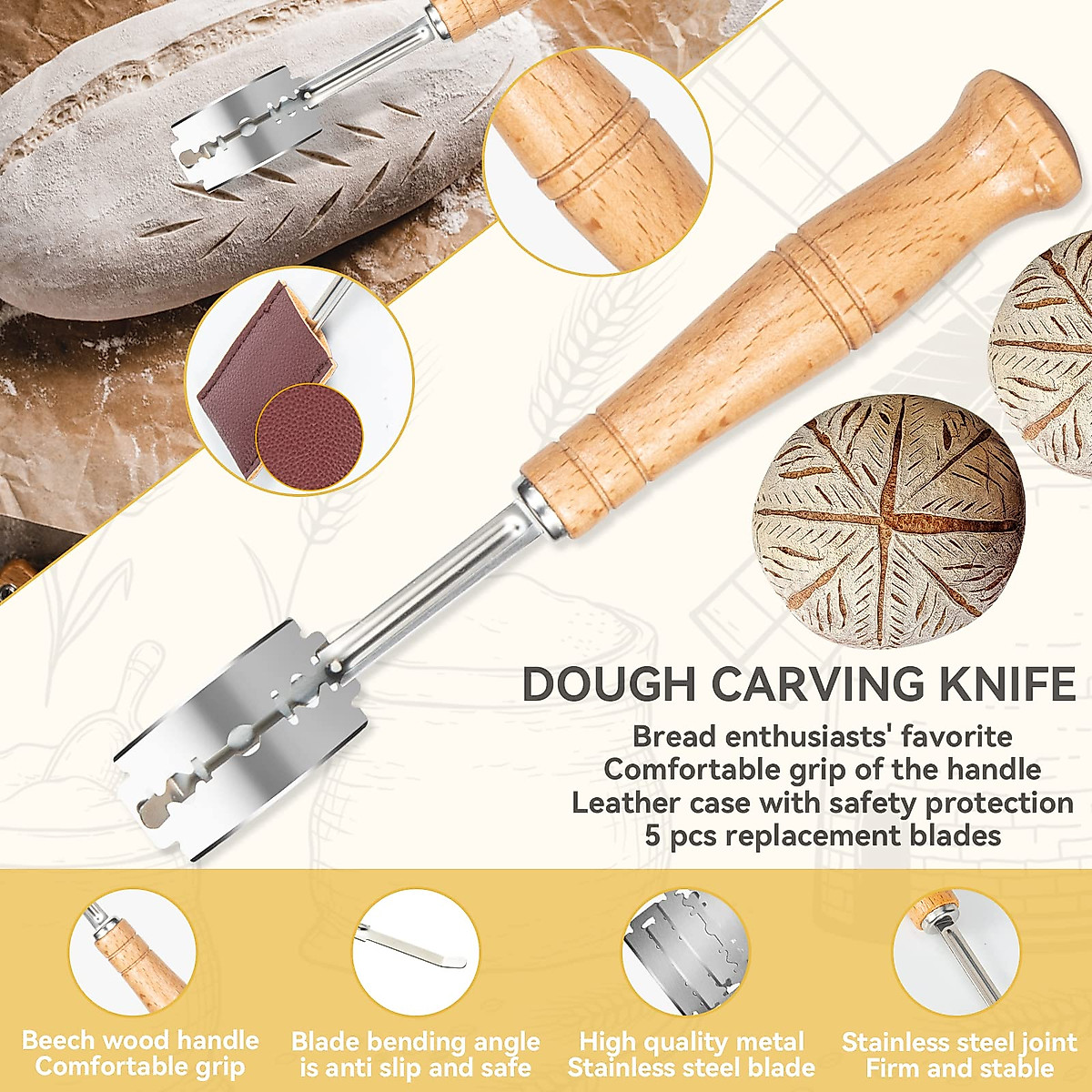 Danish Dough Whisk - Bread Whisk Set of 3 pieces, Bread Making Tools and Supplies, Sourdough Bread Whisk, Dutch Whisk for Dough, With Dough Scraper Bread Cutter, Bread Lame Dough Scoring Tool, Blades