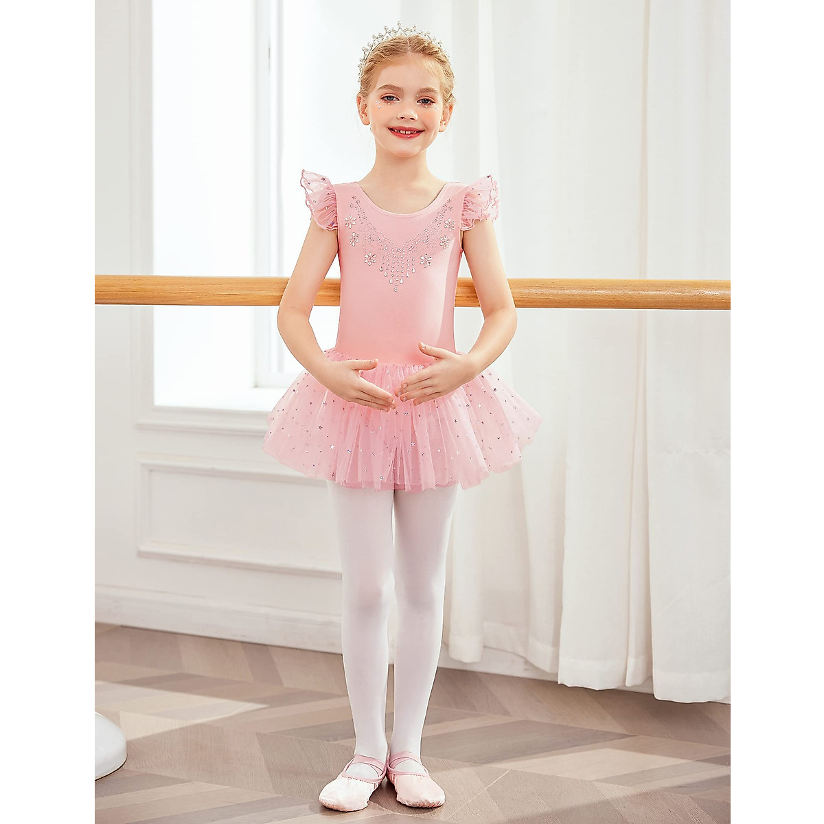 Zaclotre Kid Girls Ruffle Sleeve Ballet Skirted Leotard Shiny Dance Tutu Dresses