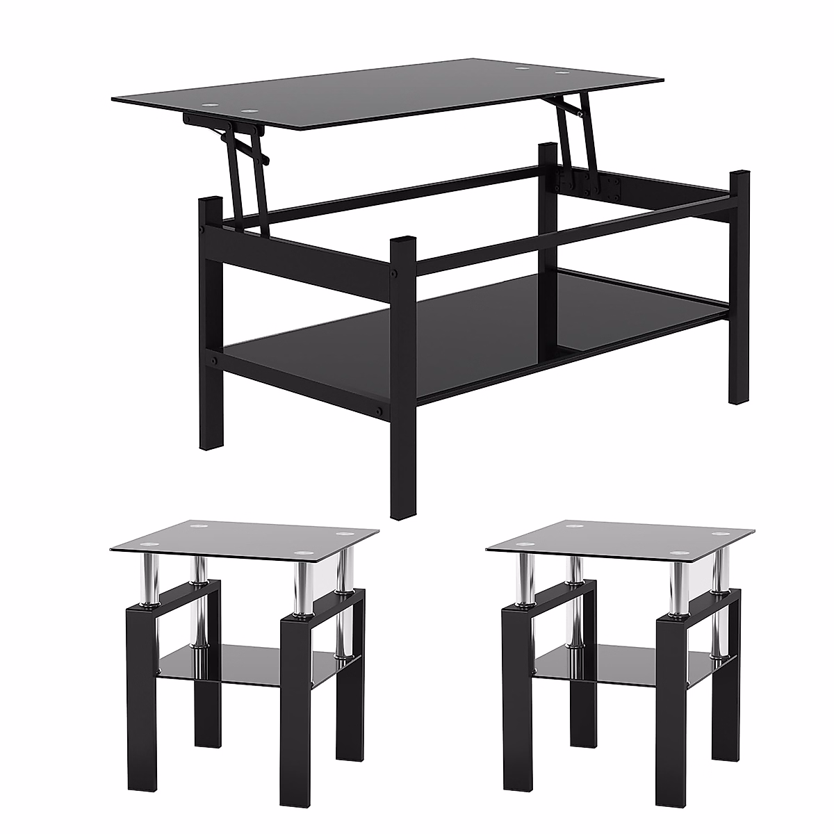 GSSDEE Glass Coffee Table and End Table Set of 3, 2-Tier Classic Design, Tempered Glass Top & Solid Metal Legs Table Set, Use for Livingroom Center Table, Sofa Nightstand (Black, Lift top Set of 3)