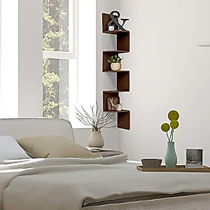 Halter Corner Shelf Wall Mount, 5-Tier Floating Wall Mount, Hanging Corner Shelf, Tall Corner Bookshelf, Rustic Wood, Zig Zag Shelving Unit, Floating Shelves for Bedroom Décor, Living Room, Bathroom