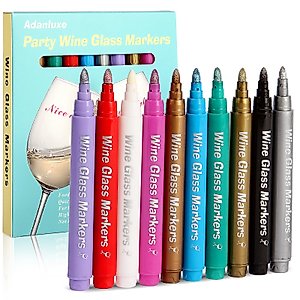 Adanluxe Metallic Wine Glass Markers, Set of 10 Food Grade Non-Toxic Window Markers for Glass Washable, Premium Paint Pens Used on Car Window, Mirror, Ceramic, Black Scrapbook, Rock and Wood,Glass Pen