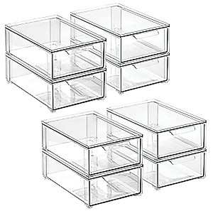 mDesign Plastic Stackable Bathroom Storage Organizer Bin with Pull Out Drawer for Cabinet, Vanity, Shelf, Cupboard, Cabinet, or Closet Organization - Lumiere Collection - 8 Pack - (Clear, 8 x 12 x 4)