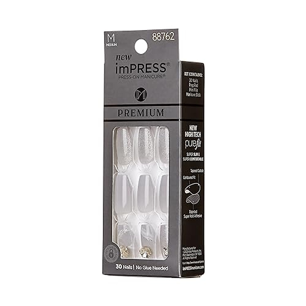KISS imPRESS No Glue Mani Press On Nails, Premium, 'Legacy', Gray, Medium Size, Coffin Shape, Includes 30 Nails, Prep Pad, Instructions Sheet, 1 Manicure Stick, 1 Mini File