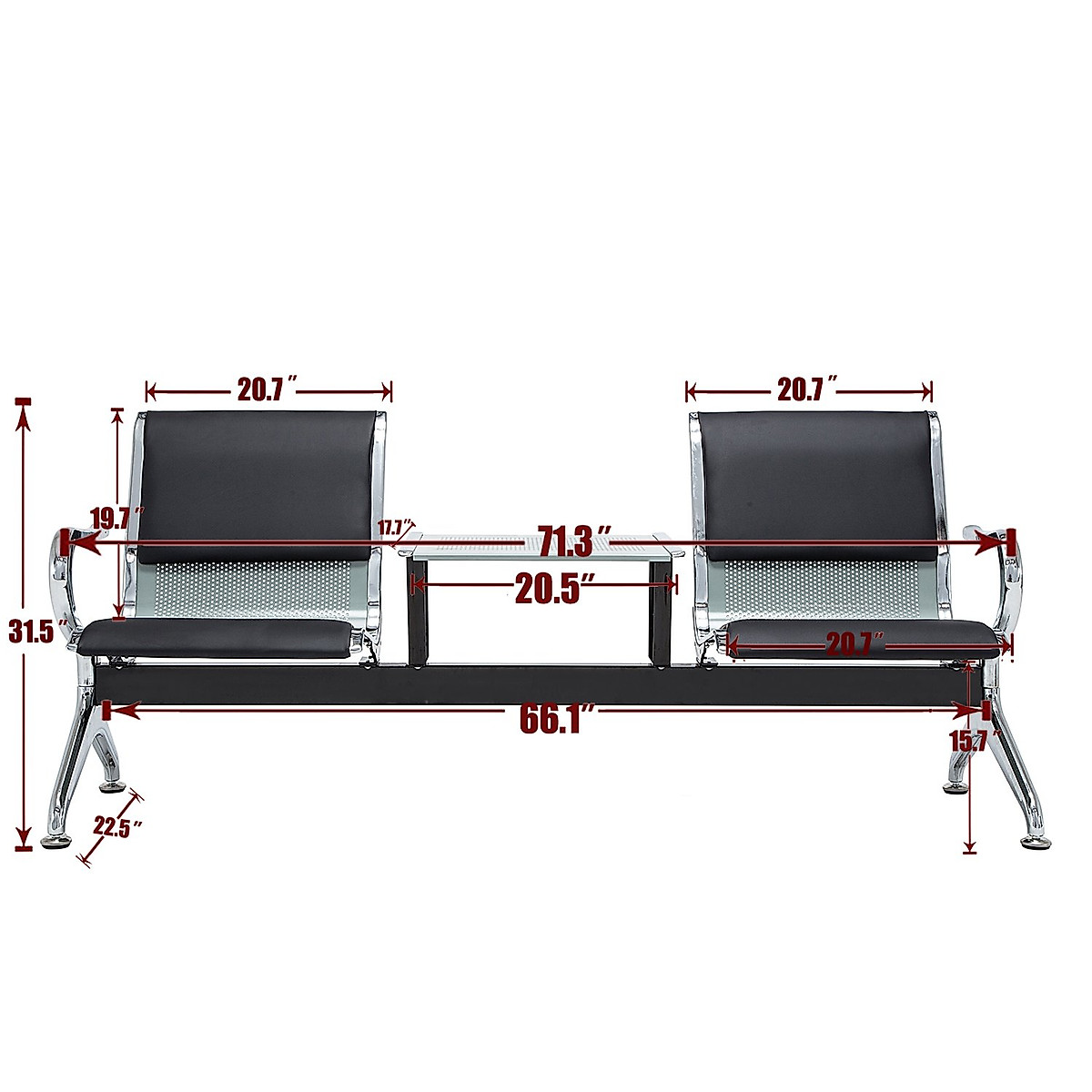 walsport Leather Waiting Room Furniture Black Chairs Reception 2 Seat with Table for Airport Seating, Office, Bank, Hospital Bench