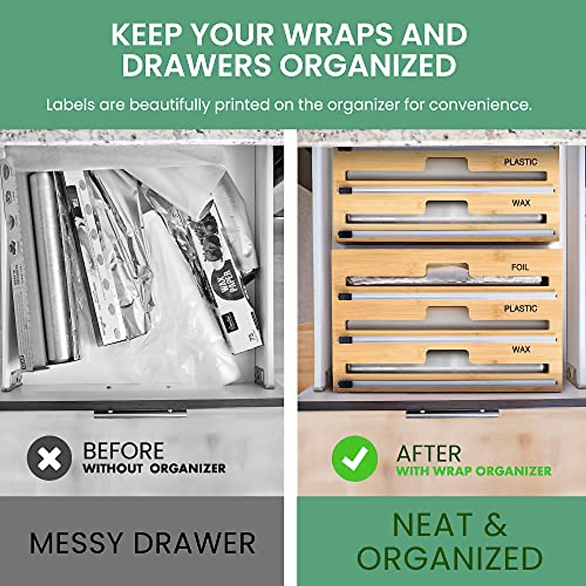 Amazecore wrap organizer with cutter 3 in 1 Plastic Wrap Dispenser for Aluminum Foil & Cling Film & Parchment Paper