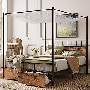 LIKIMIO Canopy Bed Frame Full with Wooden Headboard and Drawer, Full Size Bed Frame with 4 Removable Sturdy Posts, Noise Free, No Box Spring Needed, Vintage Brown