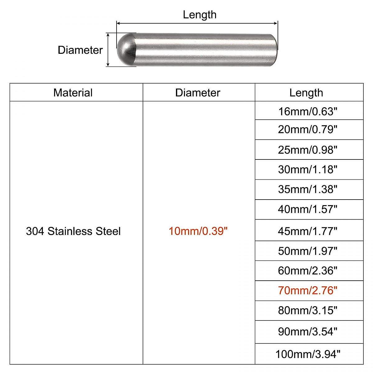 uxcell 10x70mm Dowel Pins, 304 Stainless Steel Round Head Flat Chamfered End Dowel Pin Bunk Bed Pins Shelf Pegs Support Shelves Fasten Elements