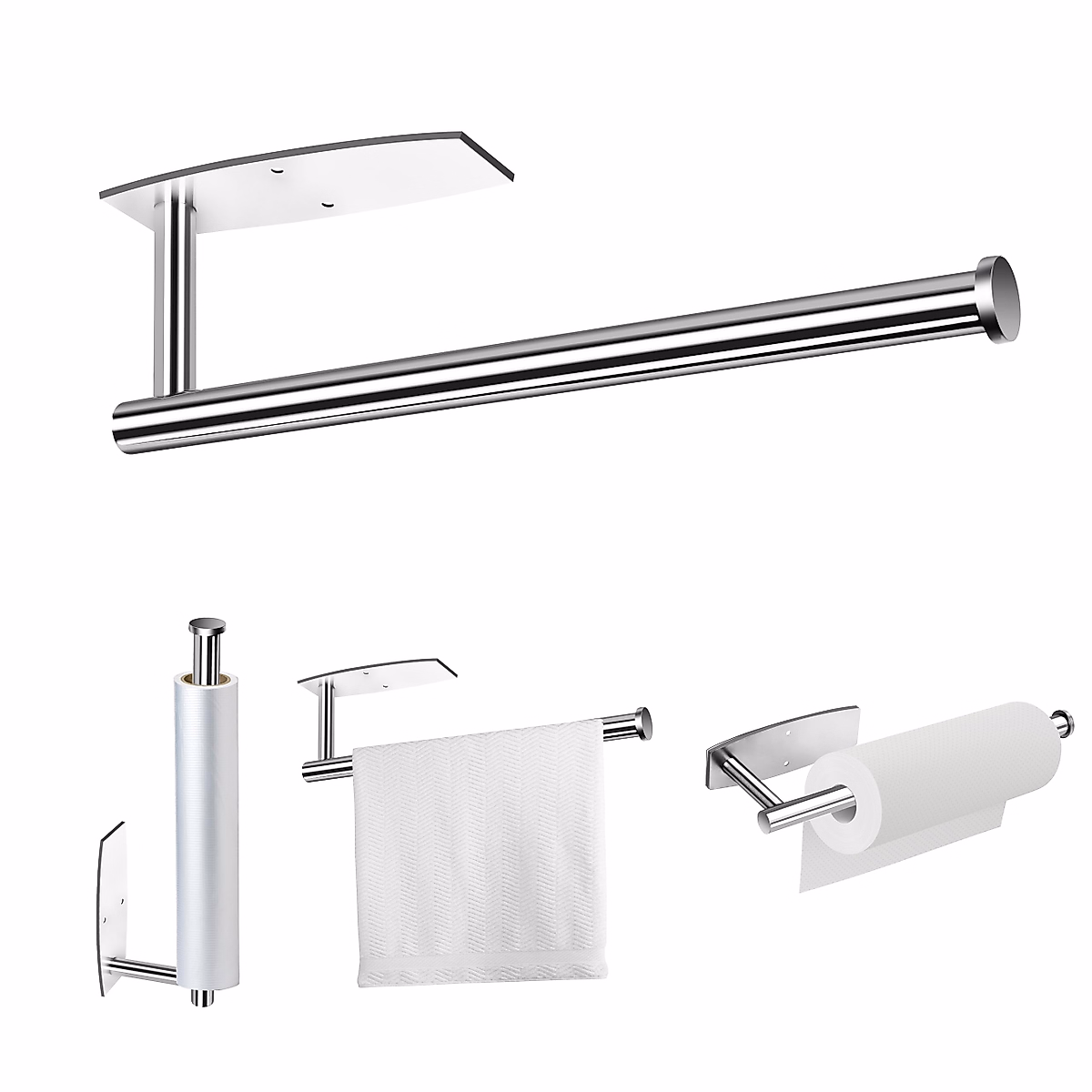 Paper Towel Holders Wall Mount Under Cabinet 13.2In Self Adhesive Drilling SUS304 Stainless Steel Vertically Horizontally for Kitchen Bathroom Door Inside Outside Rustproof Rack