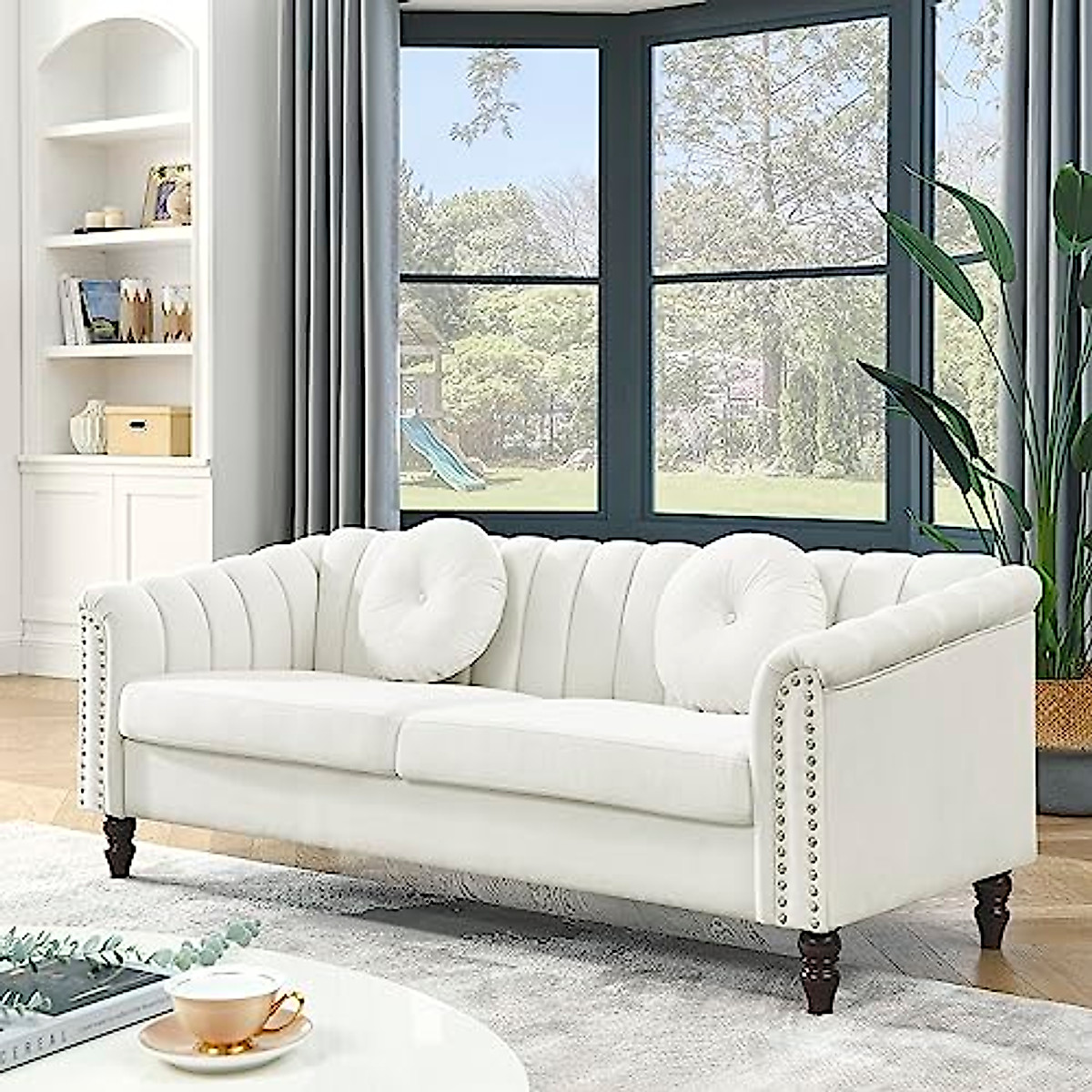 FULife 72" Velvet Upholstered Loveseat Tufted Futon Sofa,Chesterfield Accent 3 Seaters Sofá Couch with Nail Arms&2 pillows for Living Bedroom/Apartment/Office/Studio/Bonus Room/Compact Places, Beige