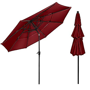 Pure Garden 10 ft Patio Umbrella - 3-Tiered Sunshade with Push Button Tilt and Easy-Open Crank - Outdoor Umbrella for Deck, Yard, or Pool (Red)