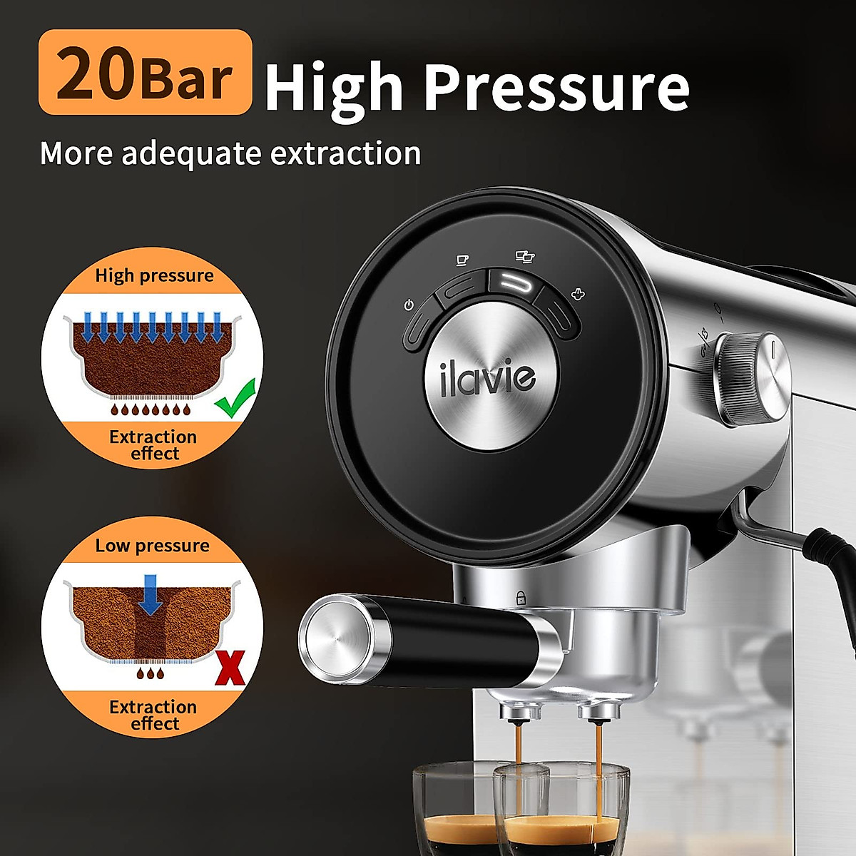 ILAVIE Espresso Machine with Steamer, 20Bar Espresso Coffee Machine with 30 oz Removable Tank for Cappuccino, latte, Compact Espresso Maker for Home Office, 1250W