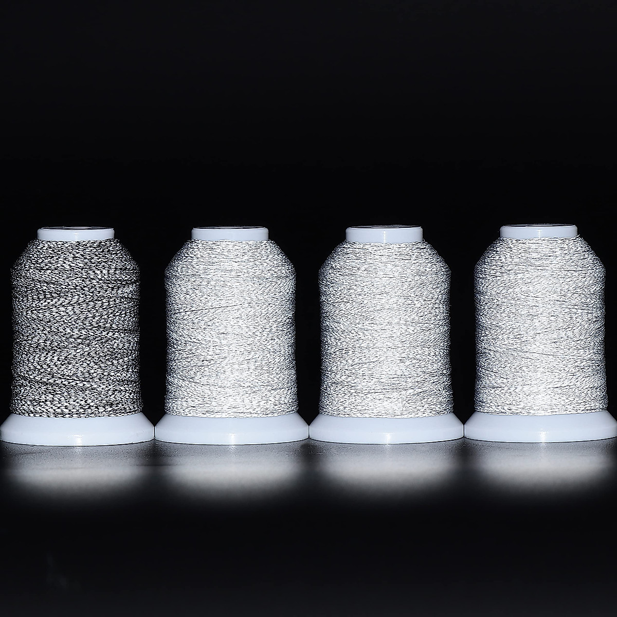 New brothread 4 Spools Reflective Embroidery Machine Thread (3 White +1 Black) 30WT 500M(550Y) Each Spool for Embroidery, Quilting and Sewing