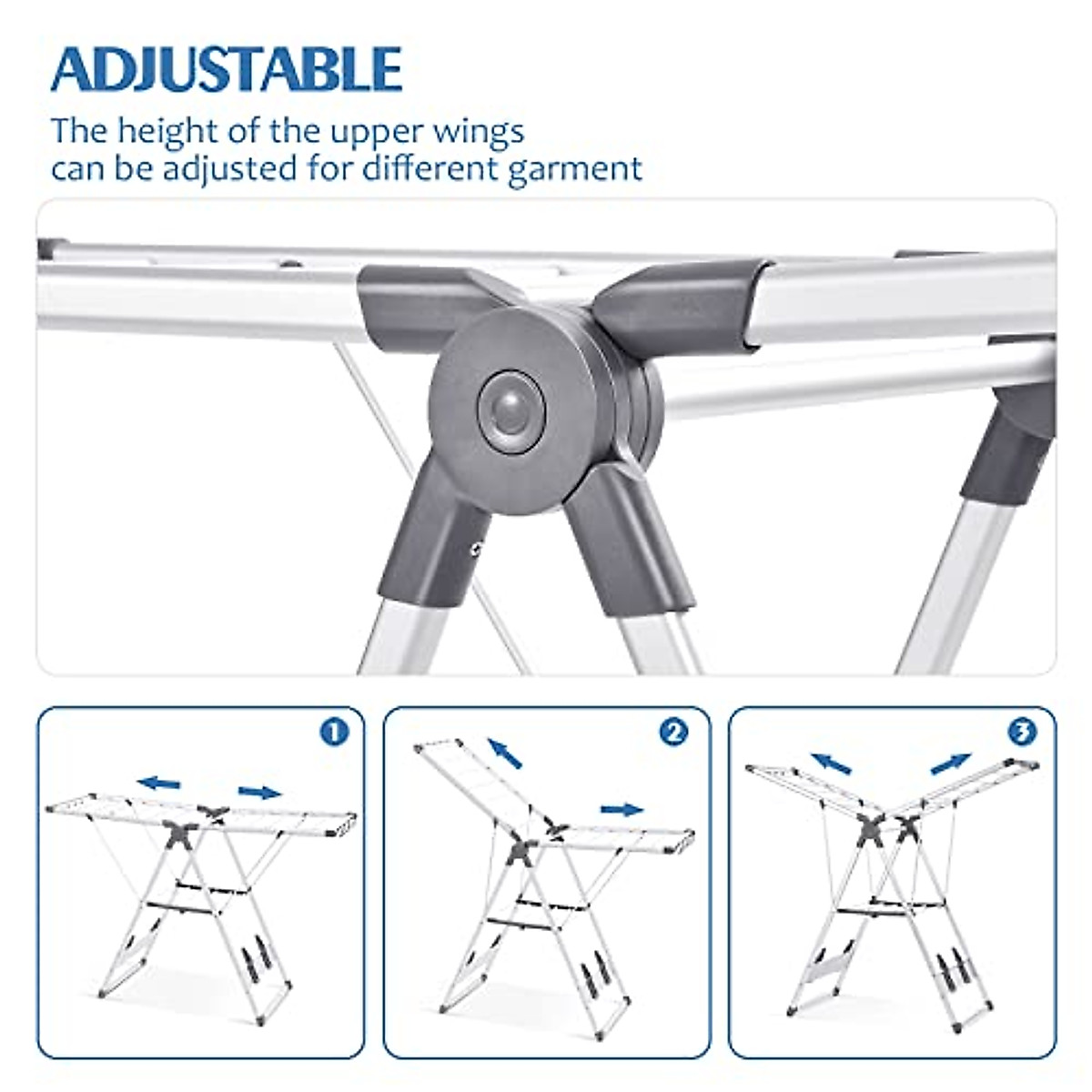TOOLF Clothes Drying Rack, Aluminum Foldable 2-Level Drying Racks for Laundry, Large Foldable Laundry Stand with Height-Adjustable Gullwings, Sock Clips Hooks for Bed Linen, Clothing, Socks, Scarves