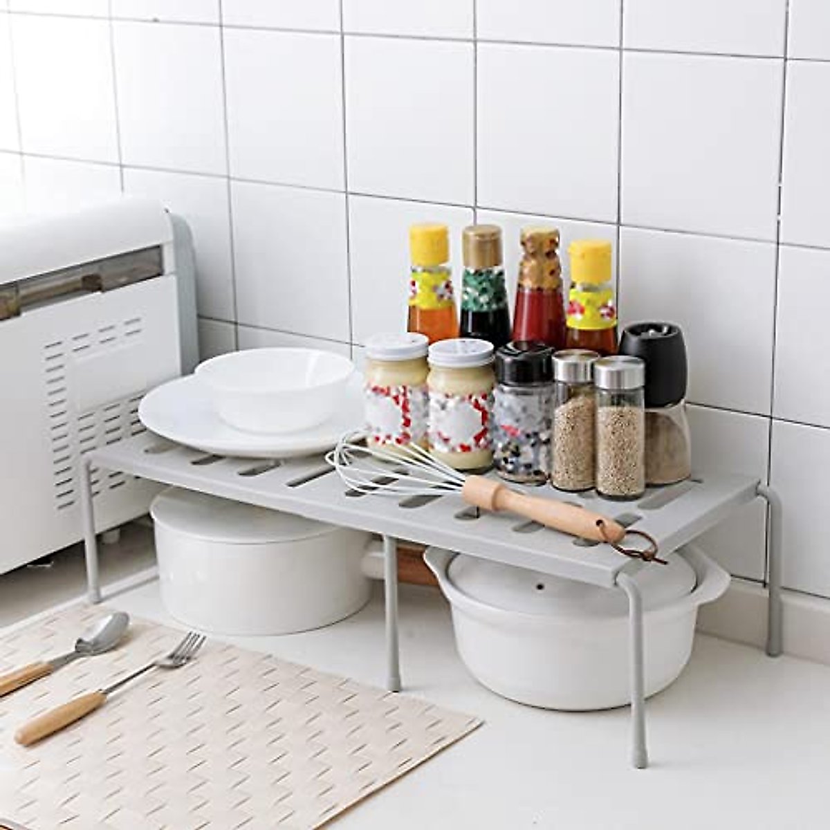 Generic Expandable Storage Rack Scalable Design Shelf Multifunctional for Cabinet Kitchenware, Gray